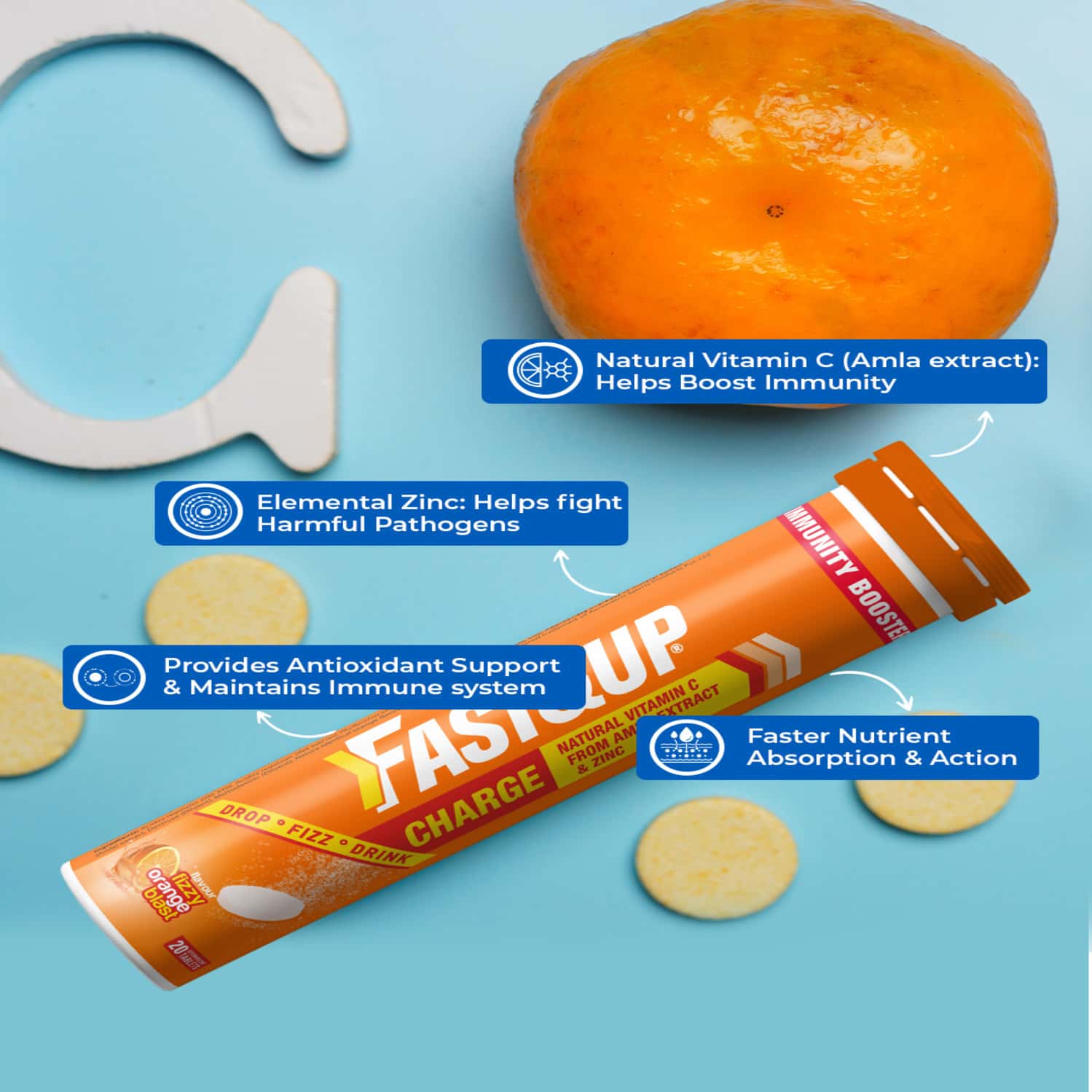 Buy FAST&UP CHARGE VITAMIN C & ZINC EFFERVESCENT TABLETS WITH NATURAL AMLA -ORANGE FLAVOUR (20 ...