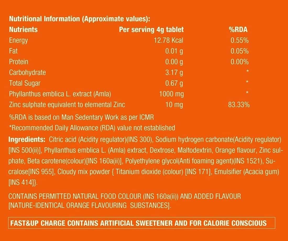 Buy FAST&UP CHARGE VITAMIN C & ZINC EFFERVESCENT TABLETS WITH NATURAL AMLA -ORANGE FLAVOUR (20 ...