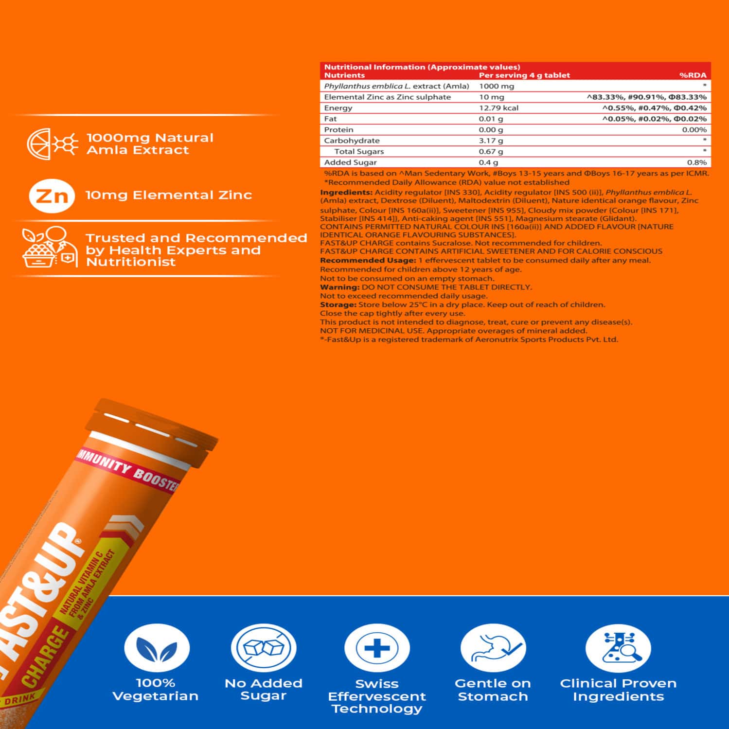 Buy FAST&UP CHARGE VITAMIN C & ZINC EFFERVESCENT TABLETS WITH NATURAL AMLA -ORANGE FLAVOUR (20 ...