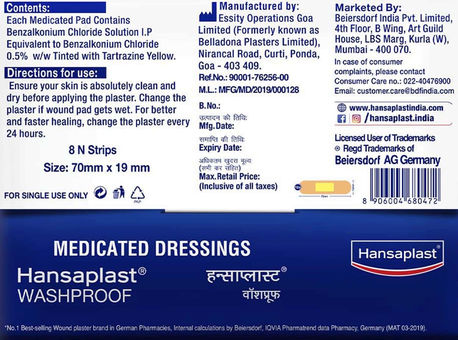 Buy HANSAPLAST BANDAGE WASHPROOF BOX OF 8 Online & Get Upto 60% OFF at PharmEasy