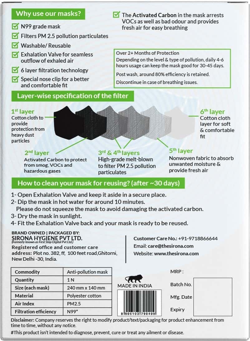 Buy BODYGUARD REUSABLE ACTIVATED CARBON(LARGE) N99 MASK Online & Get ...