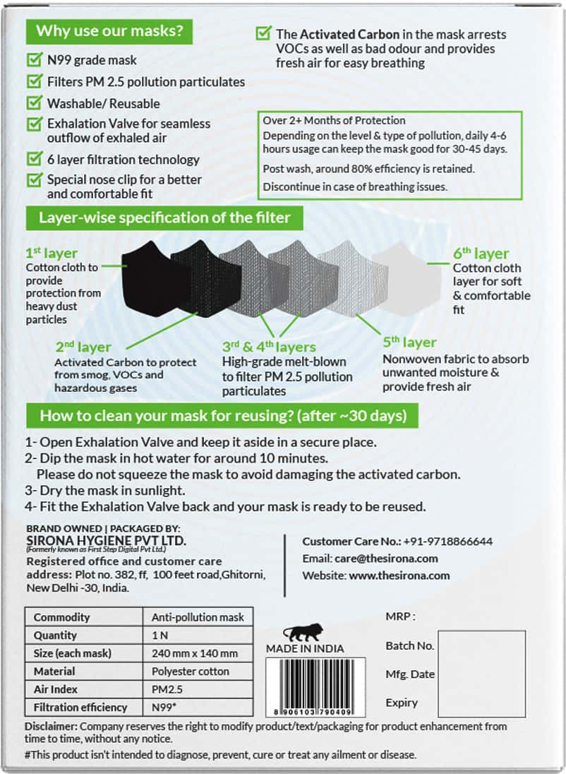 Buy BODYGUARD REUSABLE ACTIVATED CARBON(LARGE) N99 MASK Online & Get ...