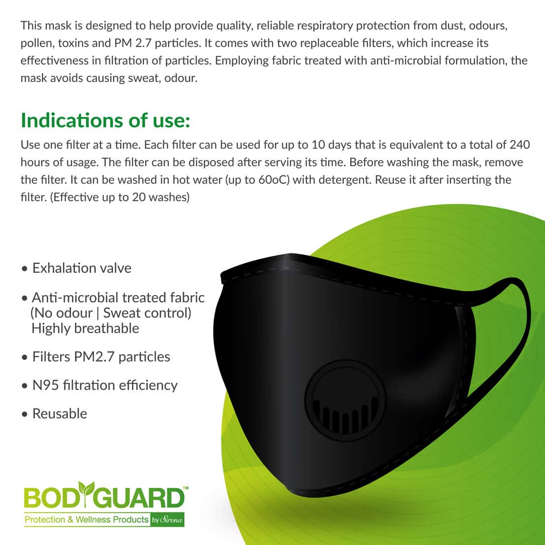 Buy BODYGUARD PM2.7 + N95 ANTIMICROBIAL REUSABLE ANTI POLLUTION MASK ...