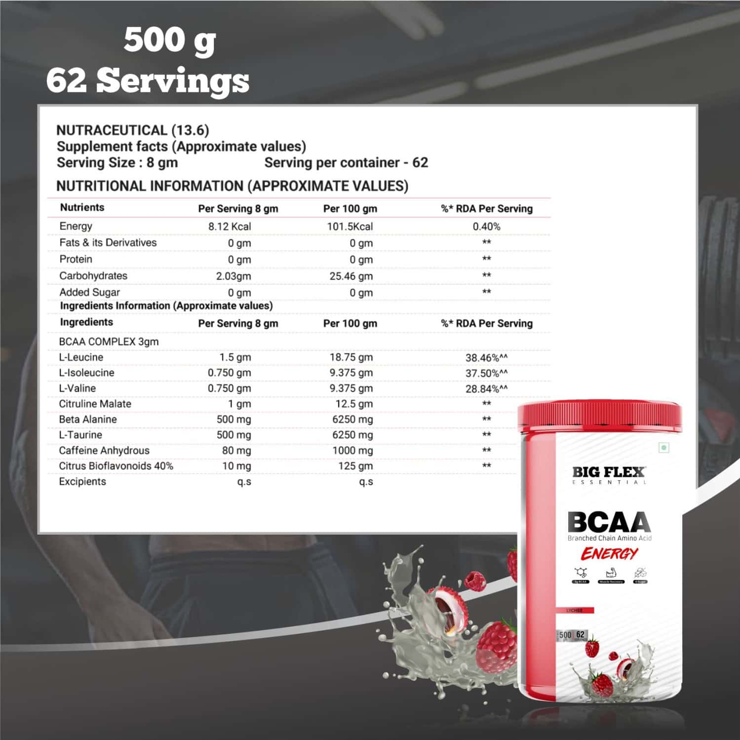 Buy BIGFLEX ESSENTIAL BCAA ENERGY LYCHEE (500GM) - JAR Online & Get Upto 60% OFF at PharmEasy