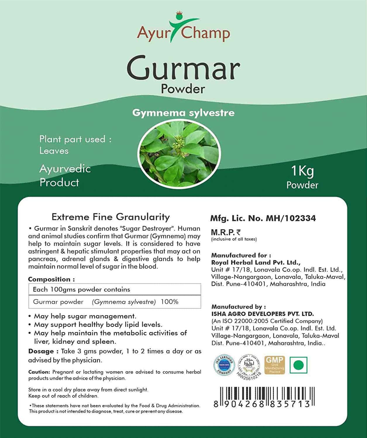 Buy AYUR CHAMP - PACK OF 4 -GURMAR POWDER | MADHUNASHINI POWDER - 1 KG ...