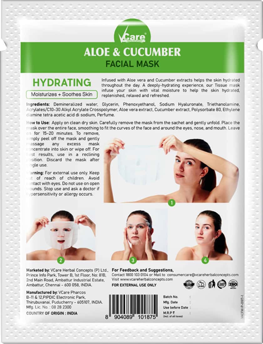 Buy VCARE ALOE & CUCUMBER FACE MASK - 1 UNIT Online & Get Upto 60% OFF ...