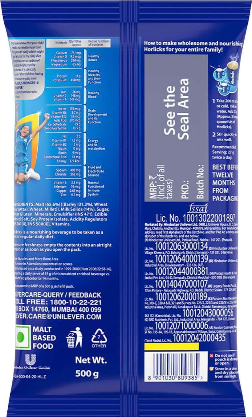 Buy HORLICKS HEALTH & NUTRITION DRINK POUCH, 500 G Online & Get Upto 60 ...