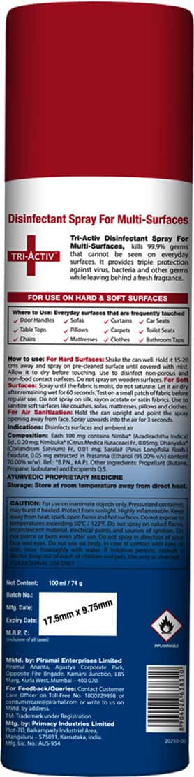 Buy TRI-ACTIV DISINFECTANT SPRAY FOR MULTI-SURFACES 70% ALCOHOL BASED ...