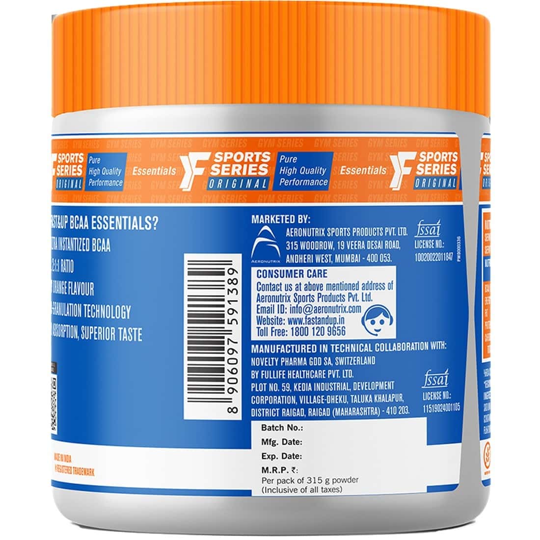 Buy Fast&Up Bcaa Essentials (Orange Flavour), Pre/Post Workout & Intra ...
