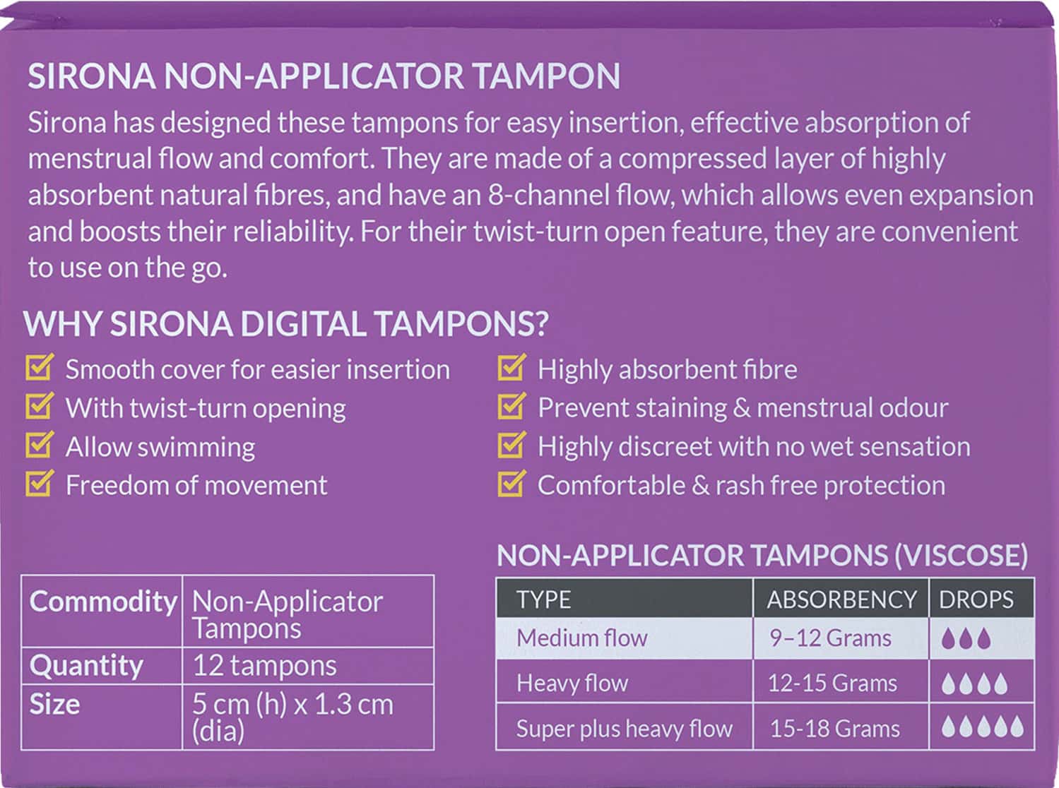 Buy SIRONA NON-APPLICATOR TAMPONS FOR REGULAR FLOW, PACK OF 12 TAMPONS ...