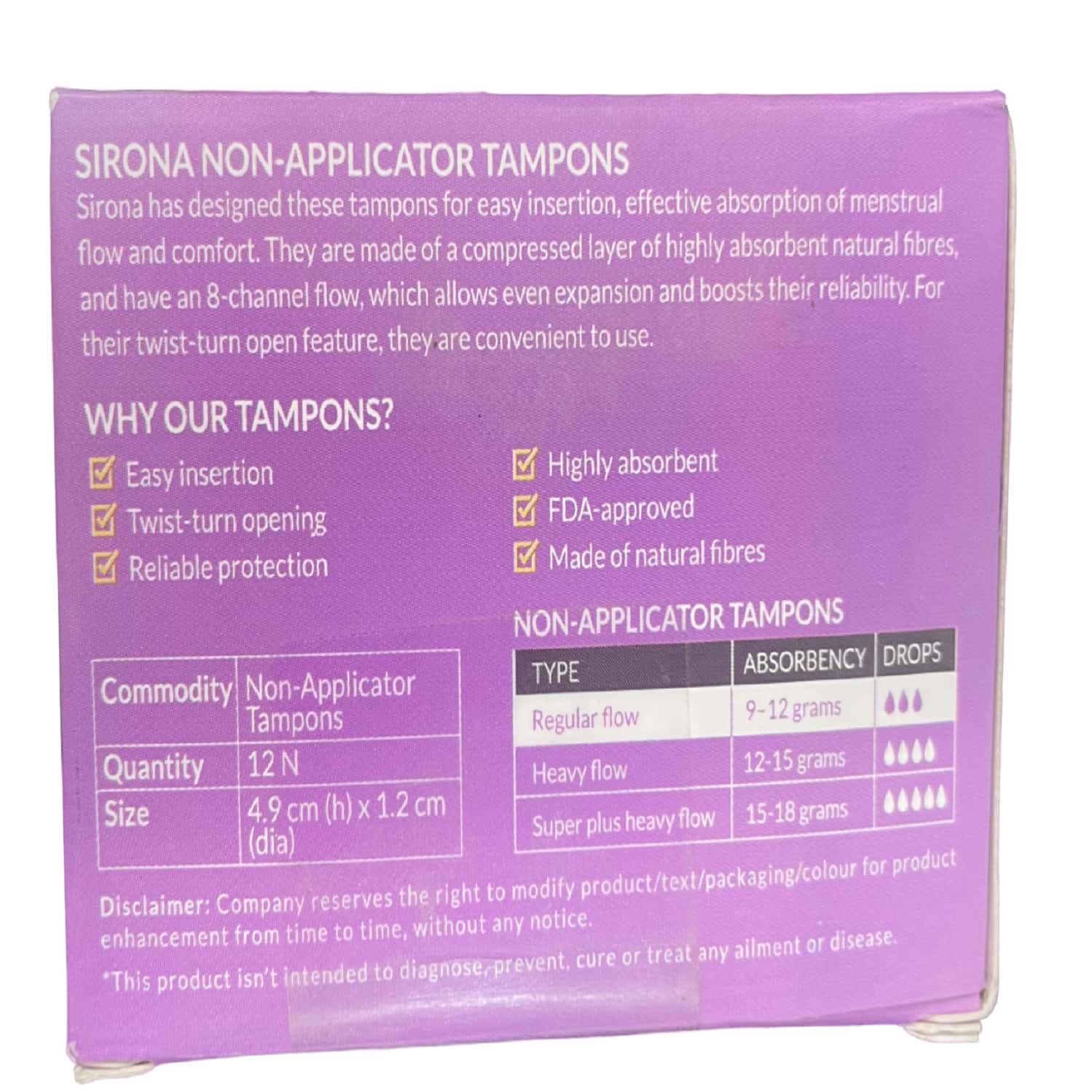 Buy SIRONA NON-APPLICATOR TAMPONS FOR REGULAR FLOW, PACK OF 12 TAMPONS ...