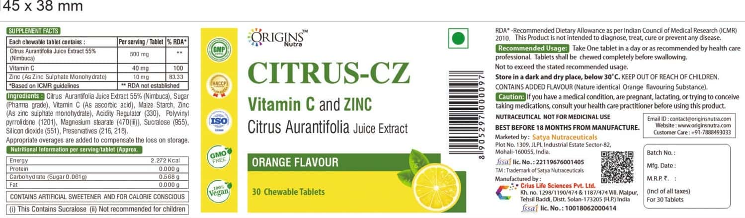 Buy ORIGINS NUTRA CITRUS-CZ VITAMIN C & ZINC - 30 CHEWABLE TABLETS ...