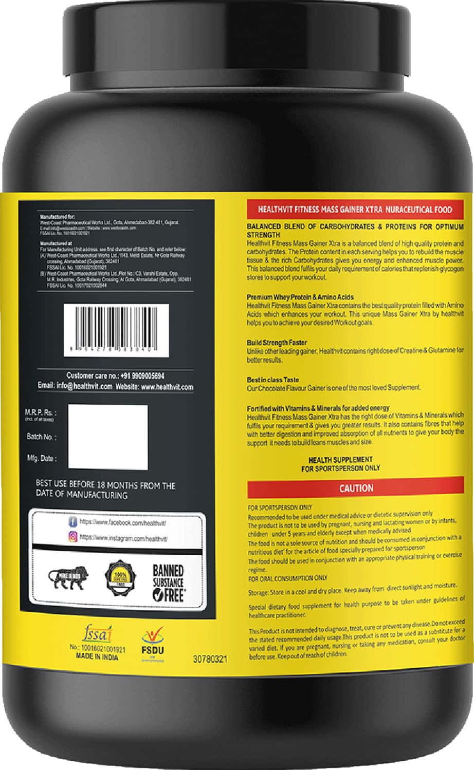 Buy HEALTHVIT FITNESS MASS GAINER XTRA WITH VITAMINS & MINERALS ...