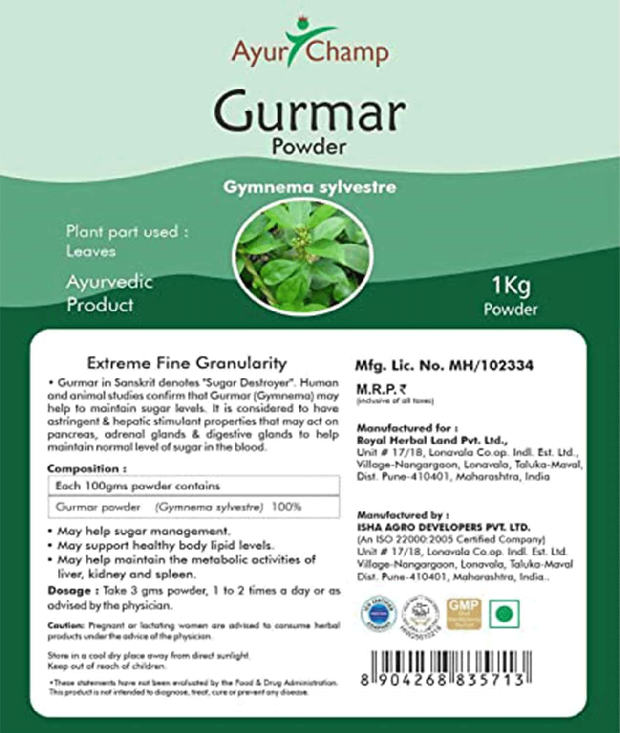 Buy AYUR CHAMP - PACK OF 2 -GURMAR POWDER | MADHUNASHINI POWDER - 1 KG ...