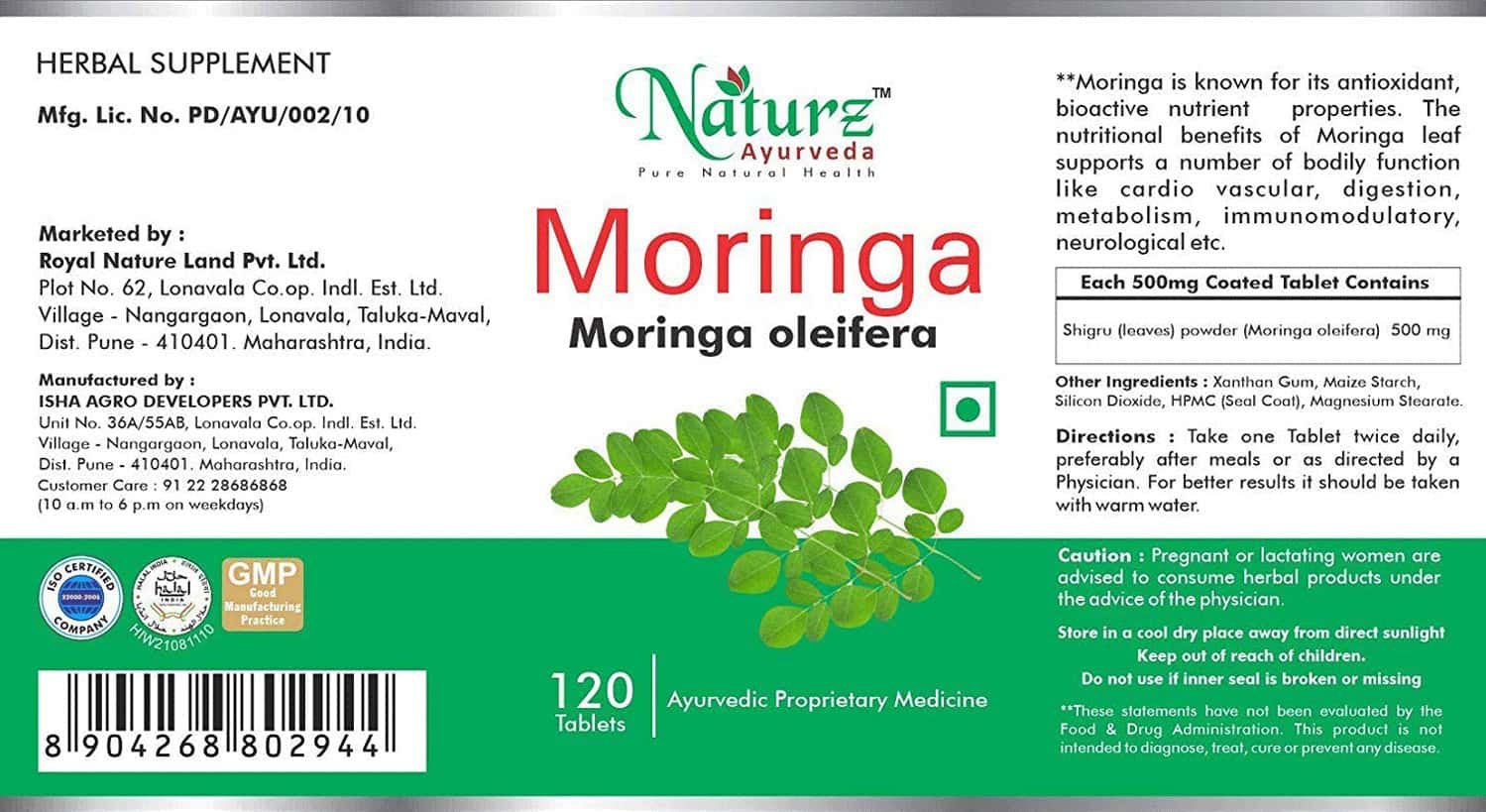 Buy NATURZ AYURVEDA MORINGA OLEIFERA 500MG 120 TABLETS (PACK OF 5 ...