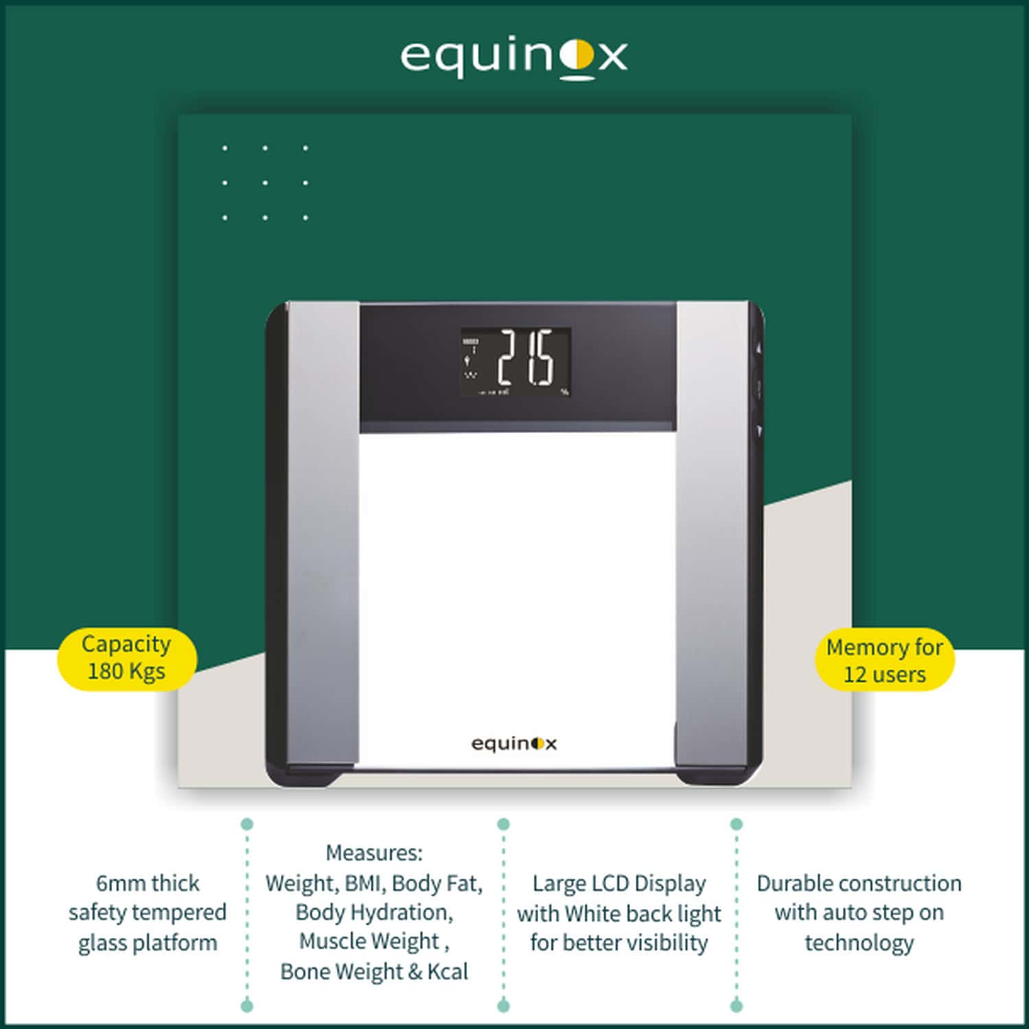 Buy EQUINOX DIGITAL BODY COMPOSITION ANALYSER EQ-EB-44 - SLIM & SLEEK, LARGE LCD DISPLAY ...