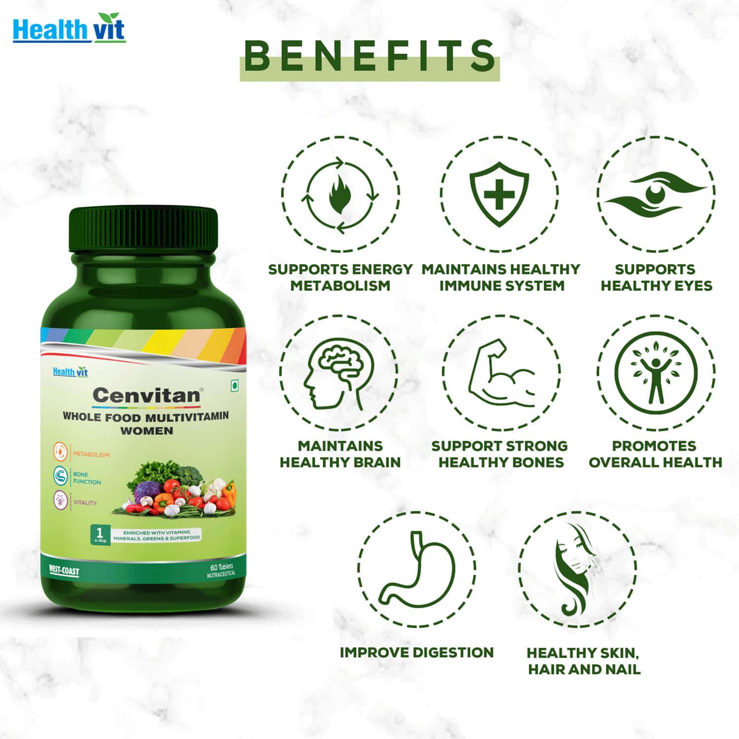 Buy HEALTHVIT CENVITAN PLANT BASED WHOLE FOOD MULTIVITAMIN FOR WOMEN 60 ...
