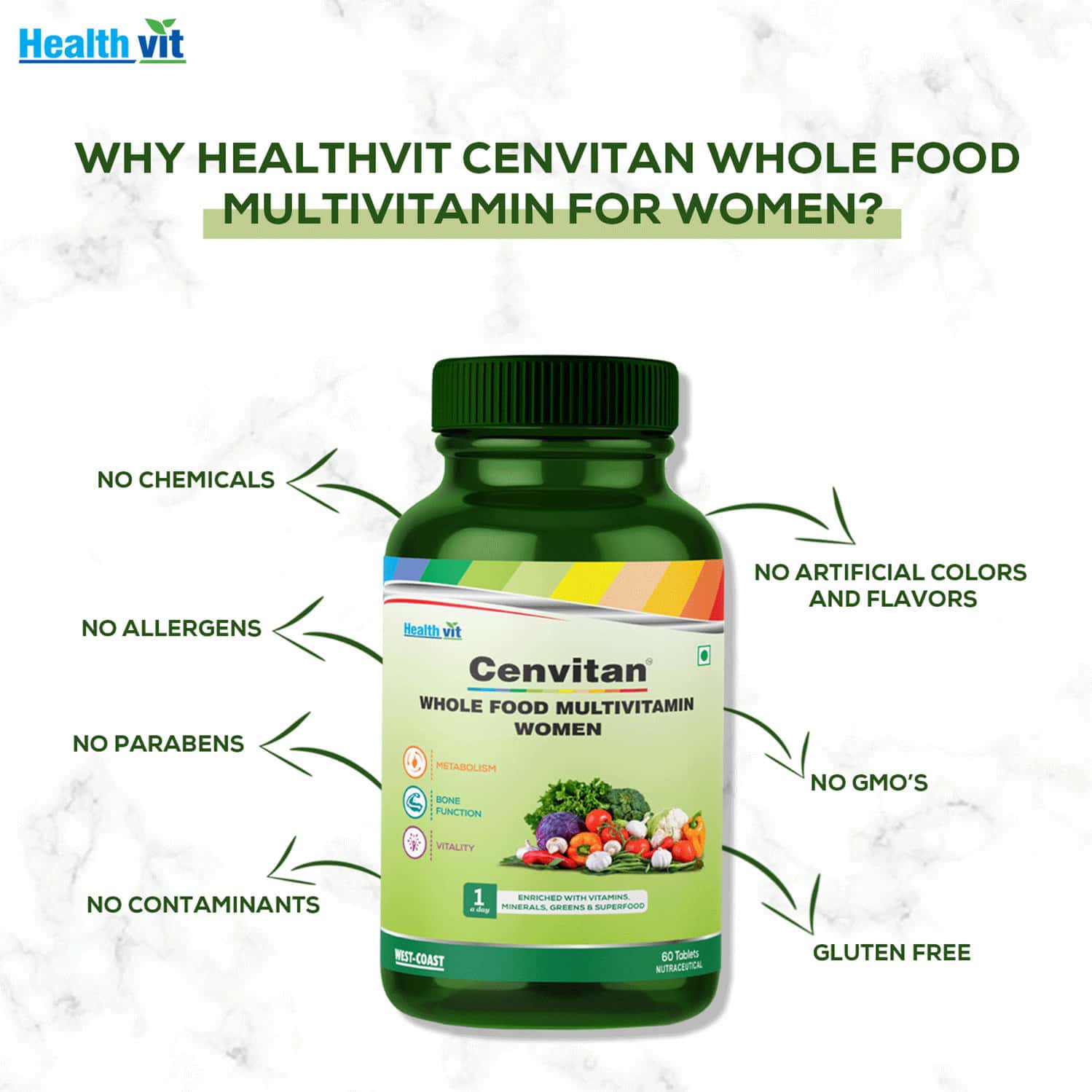 Buy HEALTHVIT CENVITAN PLANT BASED WHOLE FOOD MULTIVITAMIN FOR WOMEN 60 ...