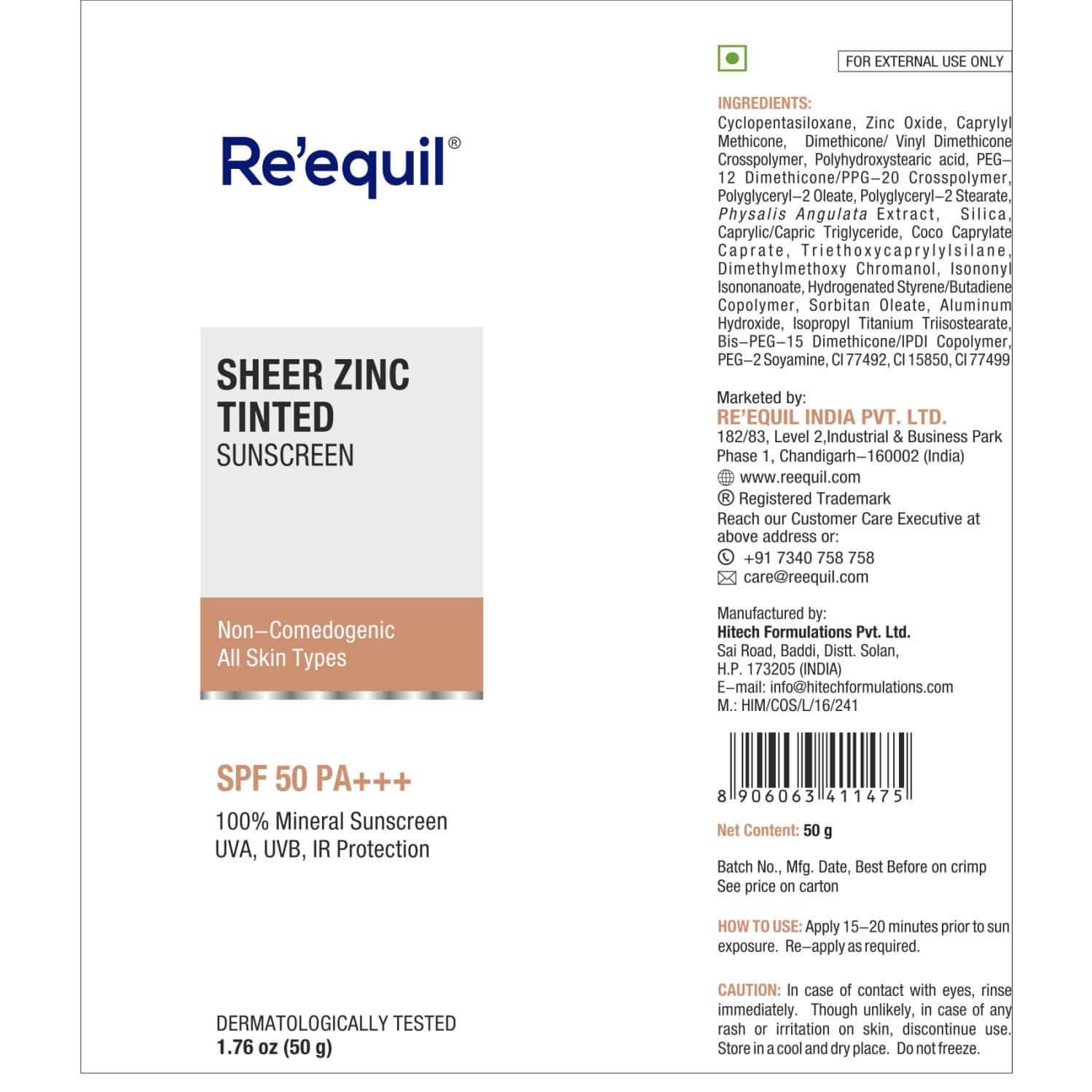 Buy RE'EQUIL SHEER ZINC TINTED MINERAL SUNSCREEN SPF 50 PA+++ 50GM ...