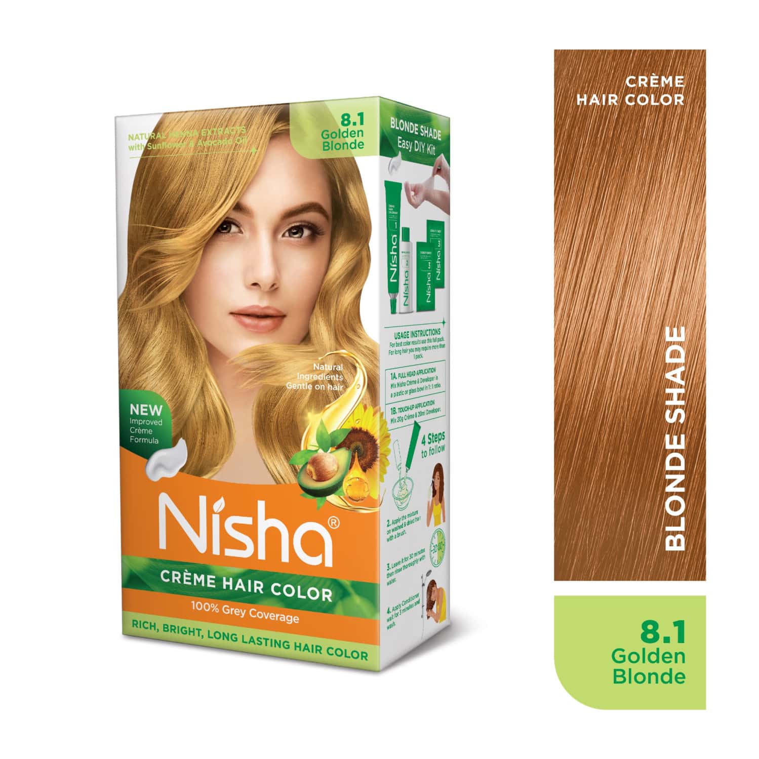 Buy NISHA CREME HAIR COLOR 8.1 GOLDEN BLONDE (60GM+90ML+18ML) PERMANENT ...