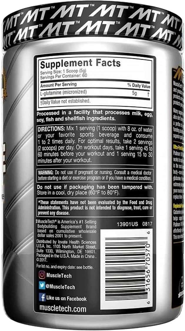 Buy MUSCLETECH PLATINUM 100 PERCENT GLUTAMINE SUPPLEMENT - 300 GM ...