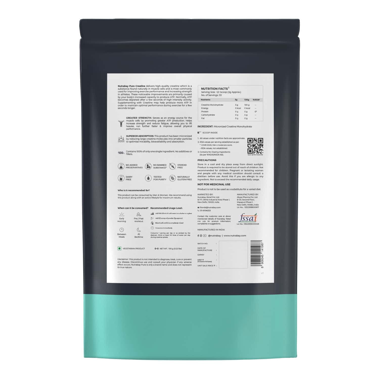 Buy Nutrabay Pure Micronised Creatine Monohydrate 100g Unflavoured