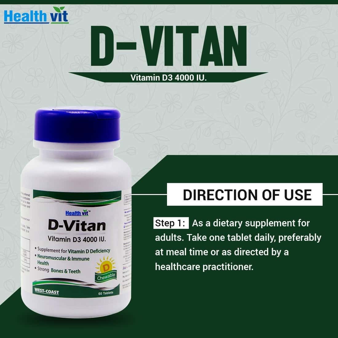 Buy HEALTHVIT D-VITAN VITAMIN D3 4000 IU CHEWABLE -60 TABLETS Online ...