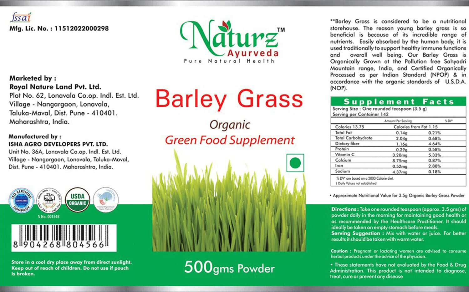 Buy NATURZ AYURVEDA BARLEY GRASS 500 GMS POWDER PACK OF 2 Online & Get ...