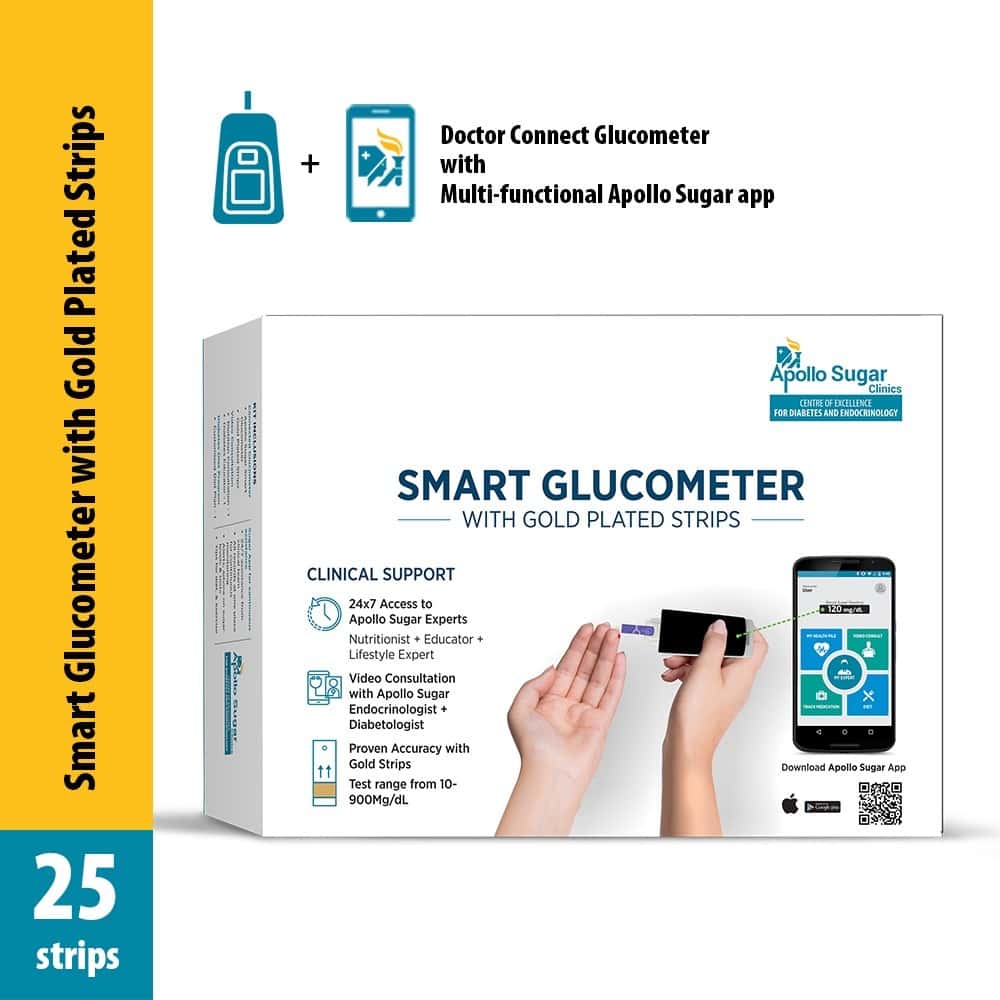 Buy Apollo Sugar Smart Glucometer Kit (With Free 25 Gold Plated Test ...