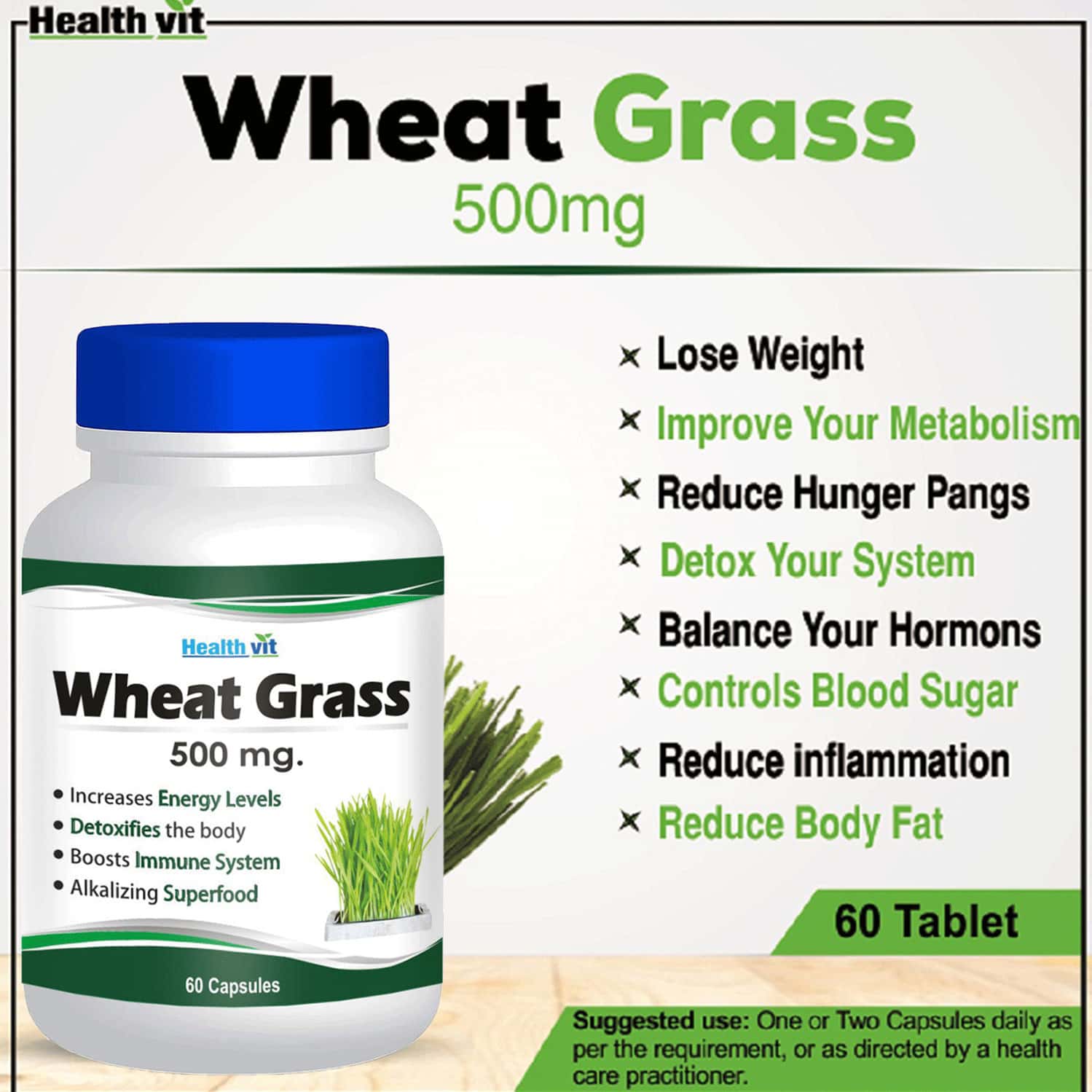 Buy HEALTHVIT WHEAT GRASS 500 MG POWDER - 60 CAPSULES Online & Get Upto ...