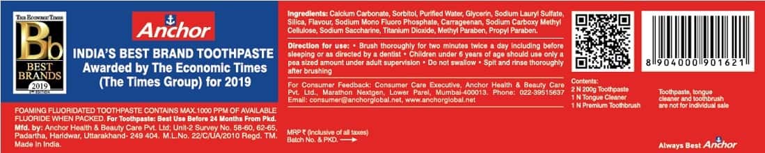 Buy ANCHOR WHITE TOOTHPASTE SUPER SAVER PACK - 200GM X 2 Online & Get ...
