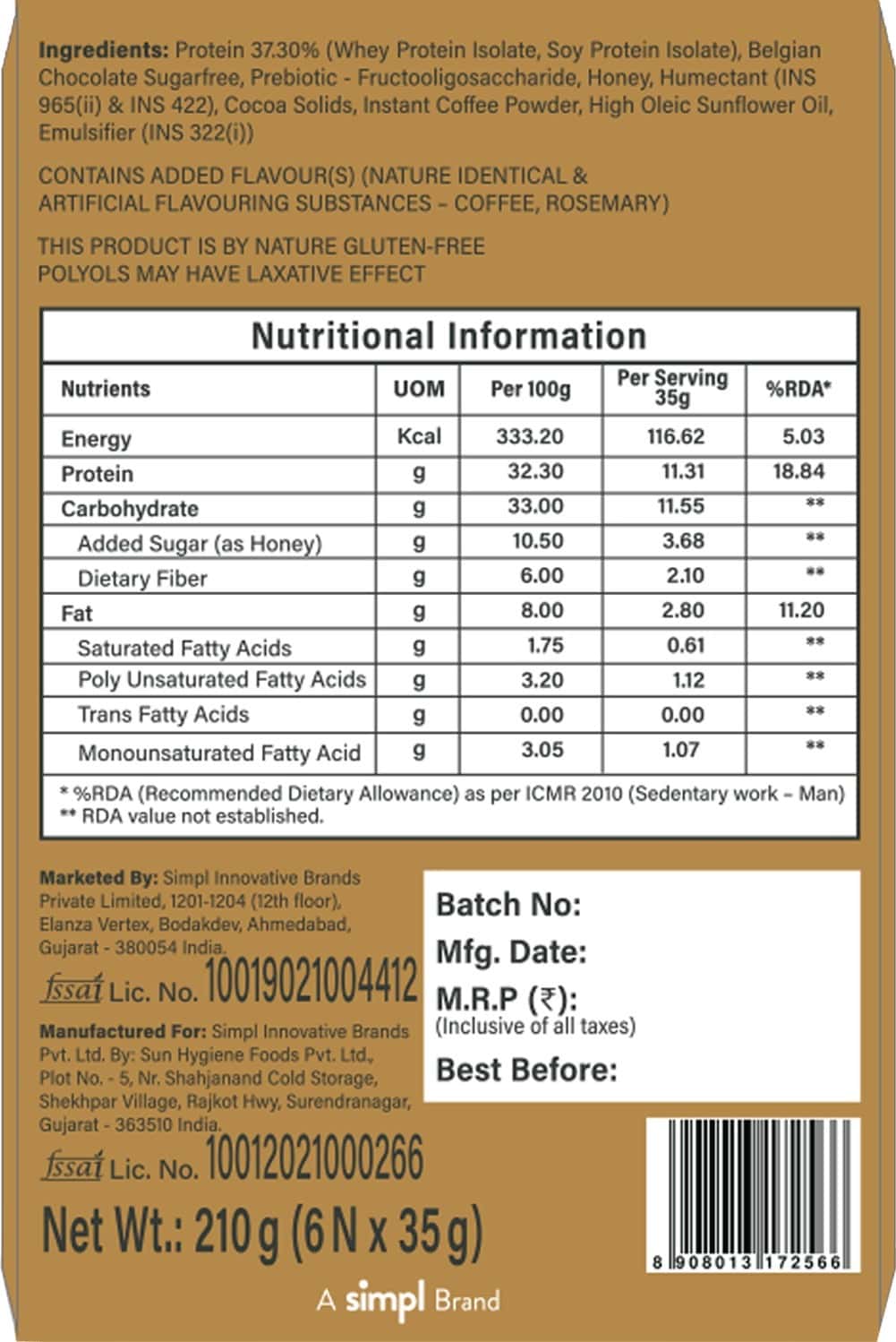 Buy PHAB PROTEIN BAR MINI 11G PROTEIN, ZERO TRANS FATS: PACK OF 6X 35G ...