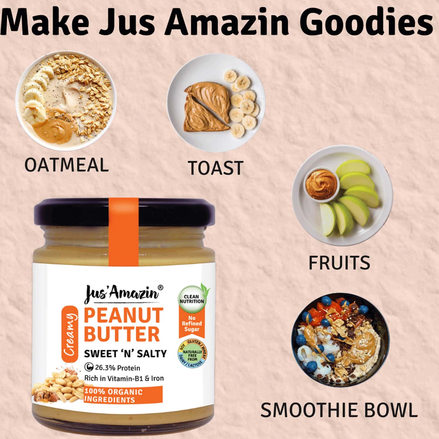 Buy JUS AMAZIN CREAMY ORGANIC PEANUT BUTTER - SWEET 'N' SALTY -200G ...