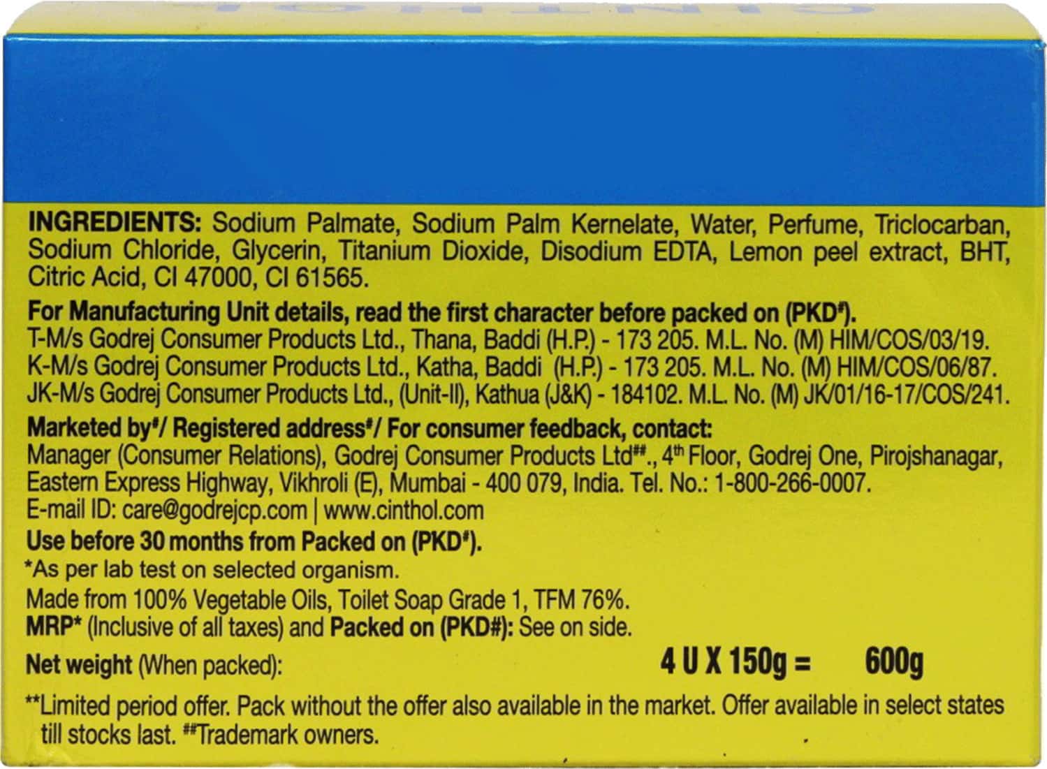 Buy GODREJ CINTHOL LIME REFRESHING DEO SOAP, PACK OF 4X150G Online ...