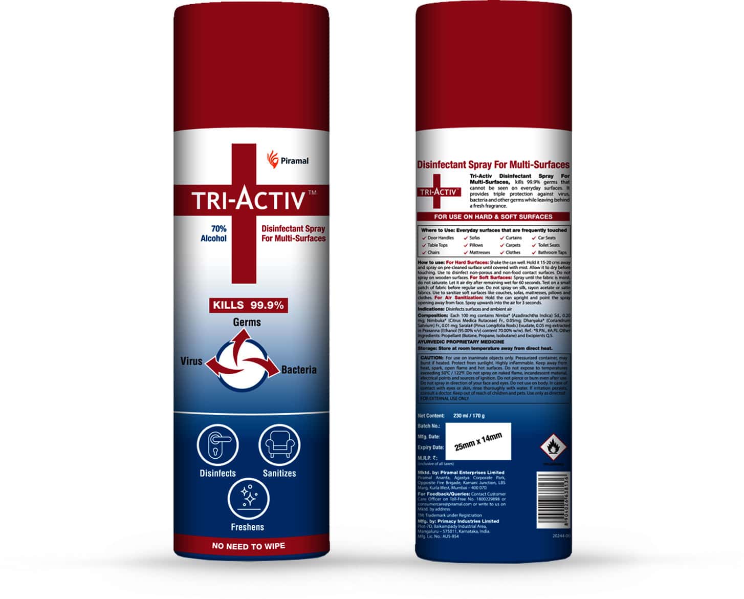 Buy TRI-ACTIV DISINFECTANT SPRAY FOR MULTI-SURFACES - 70% ALCOHOL BASED ...