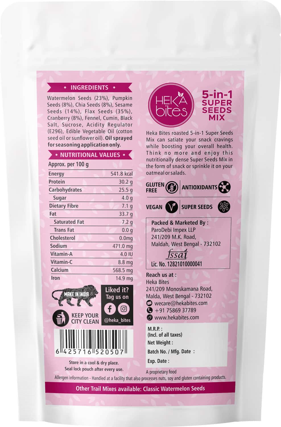 Buy HEKA BITES ROASTED 5-IN-1 SEEDS MIX & CRANBERRIES| HIGH PROTEIN ...