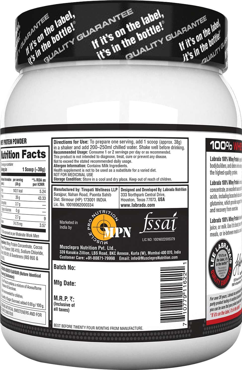 Buy LABRADA 100% WHEY PROTEIN - 2.2LBS (1KG) CHOCOLATE Online & Get ...