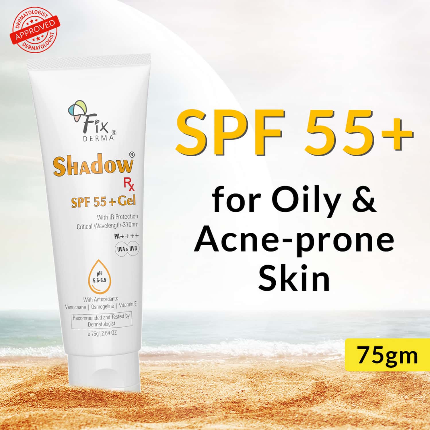 Buy FIXDERMA SHADOW RX SUNSCREEN SPF 55+ GEL, SUNSCREEN FOR OILY SKIN WITH UVA, UVB, IR ...
