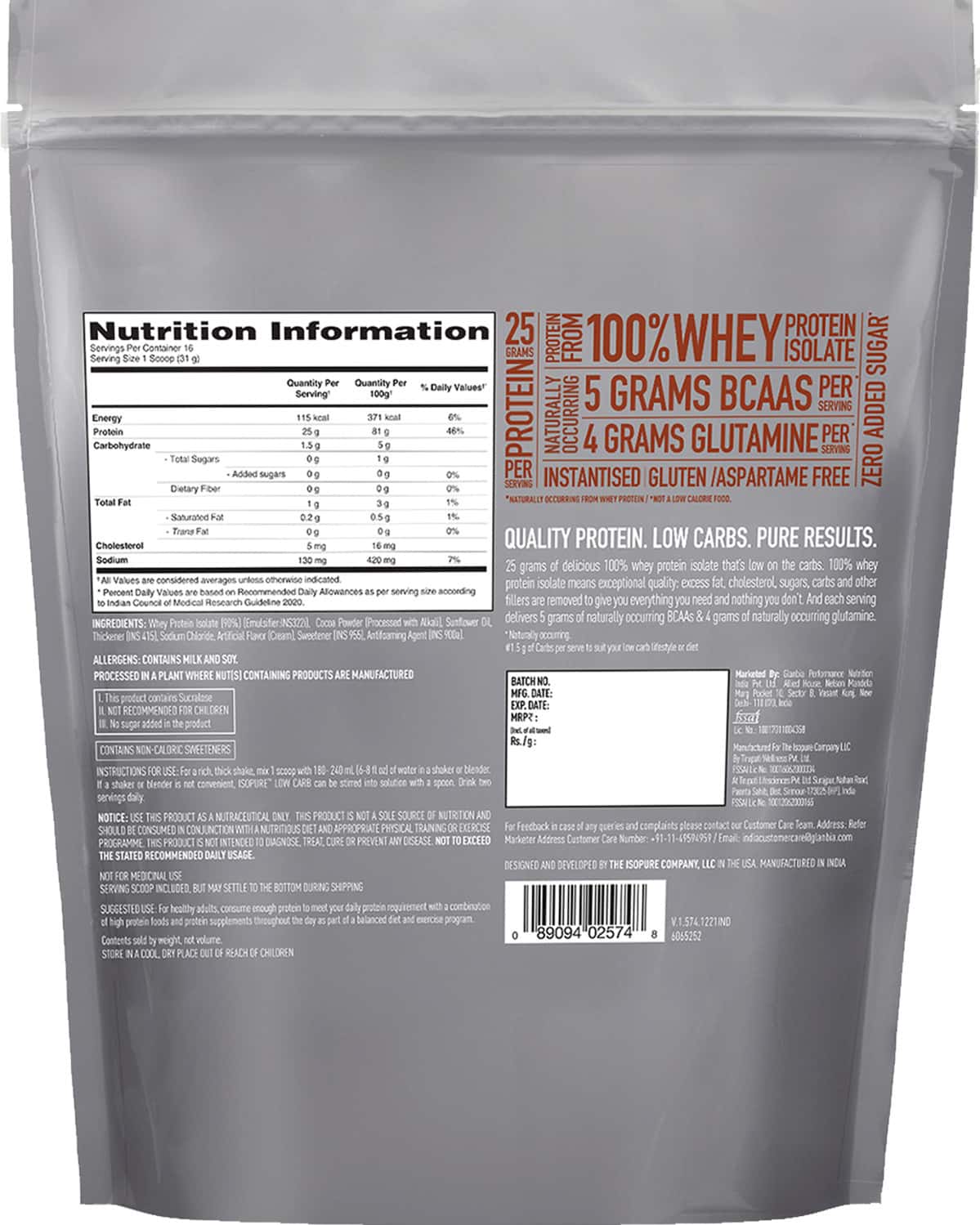 Buy ISOPURE LOW CARB WHEY PROTEIN ISOLATE POWDER 1.10 LBS 500G (DUTCH ...