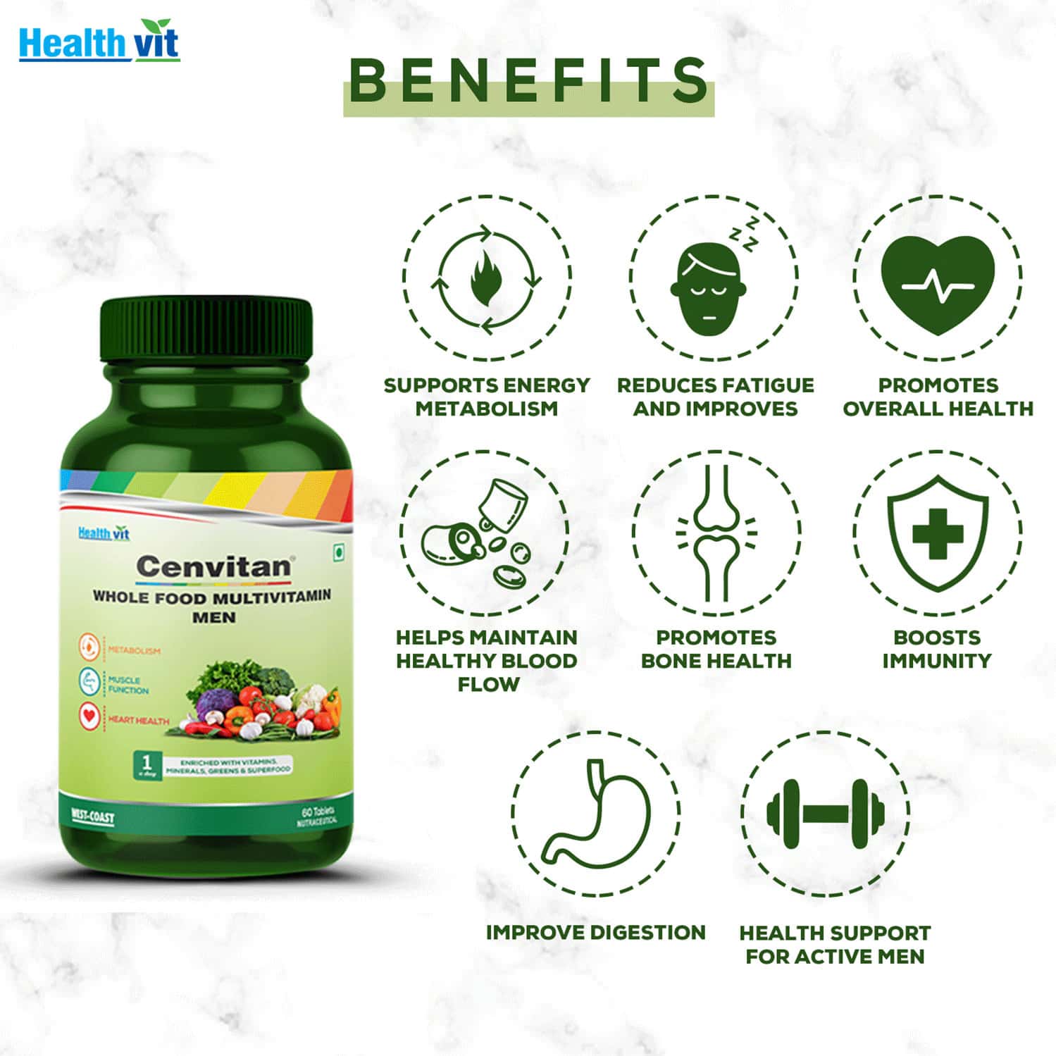 Buy HEALTHVIT CENVITAN PLANT BASED WHOLE FOOD MULTIVITAMIN FOR MEN 60 ...