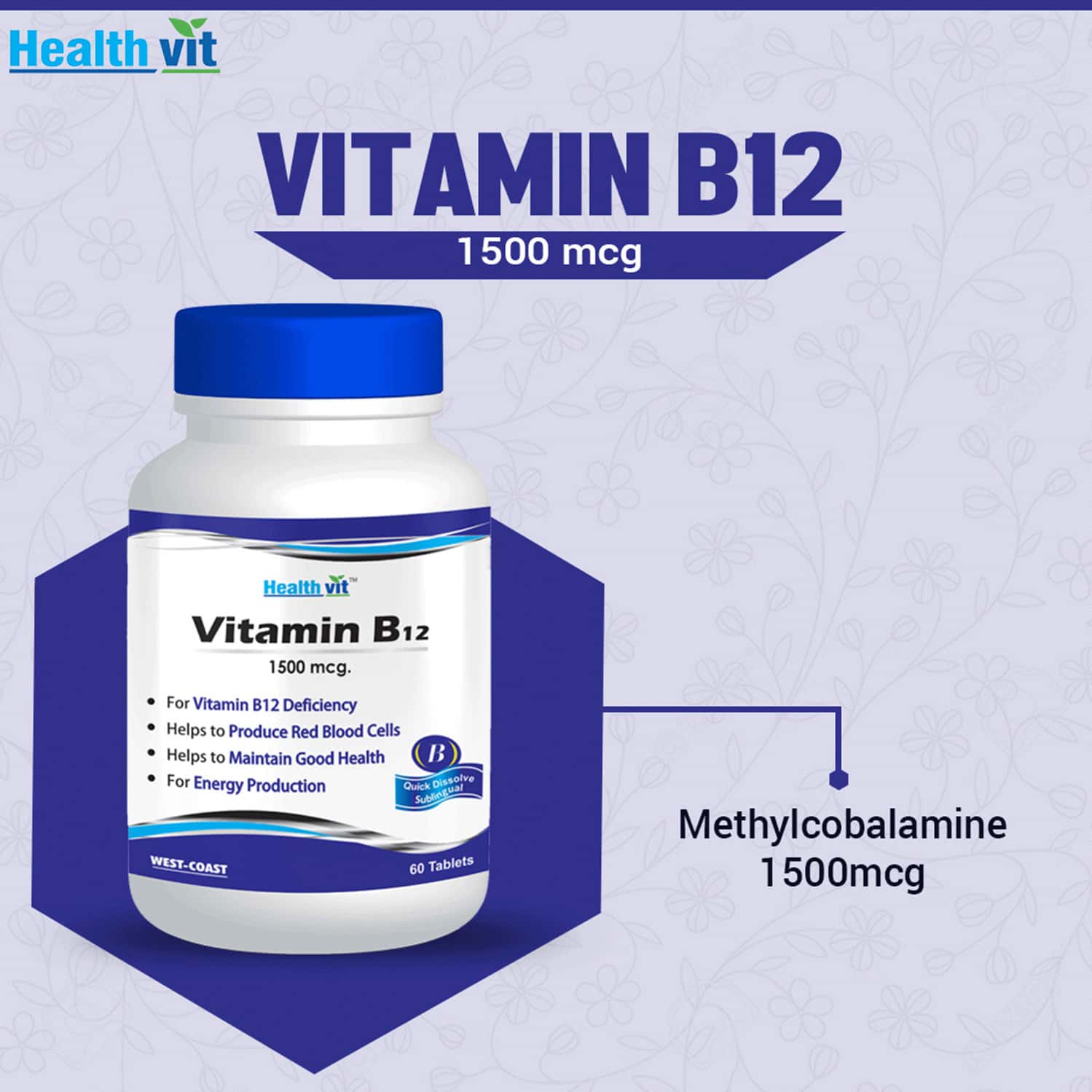 Buy HEALTHVIT VITAMIN B12 1500MCG - 60 TABLETS Online & Get Upto 60% ...
