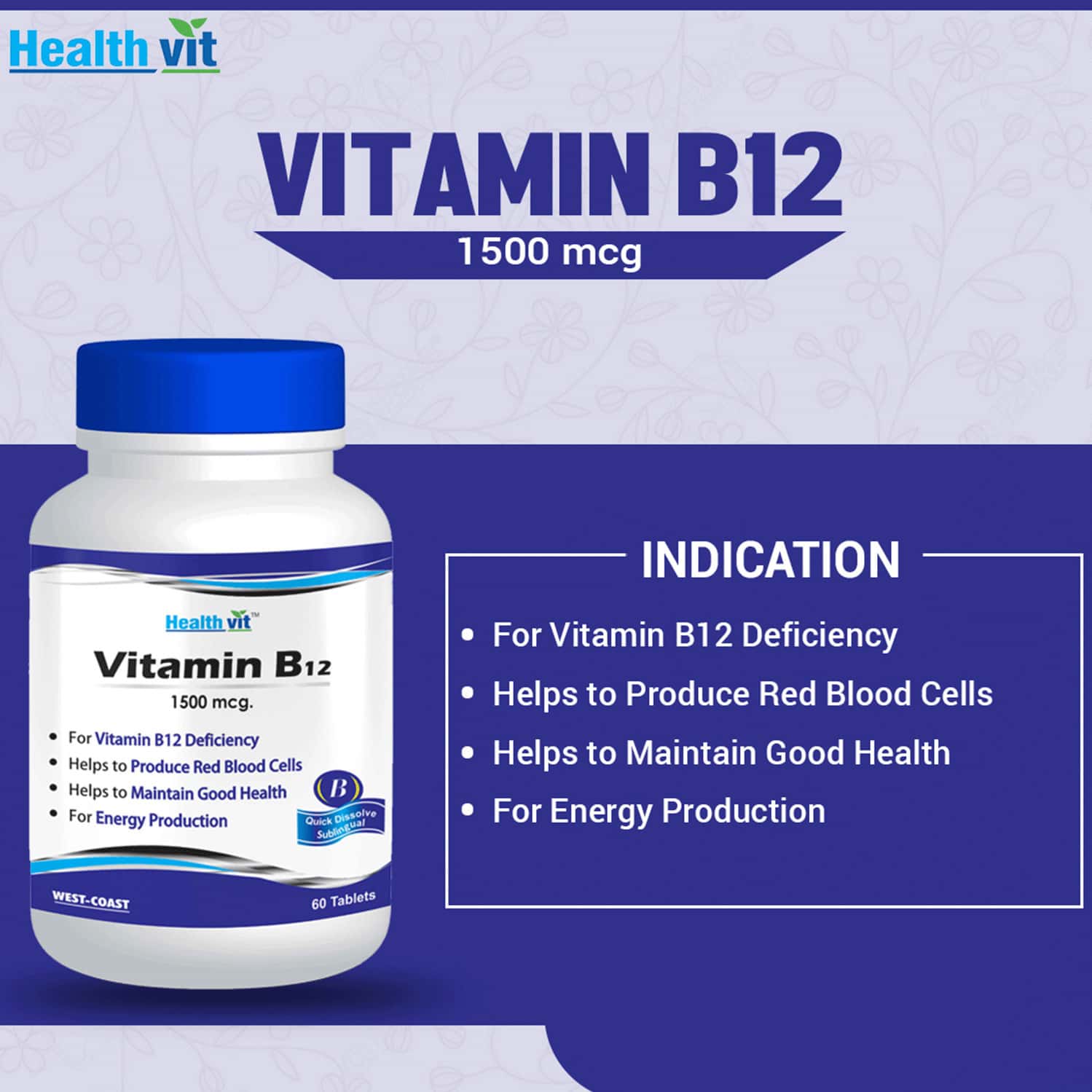 Buy HEALTHVIT VITAMIN B12 1500MCG - 60 TABLETS Online & Get Upto 60% ...
