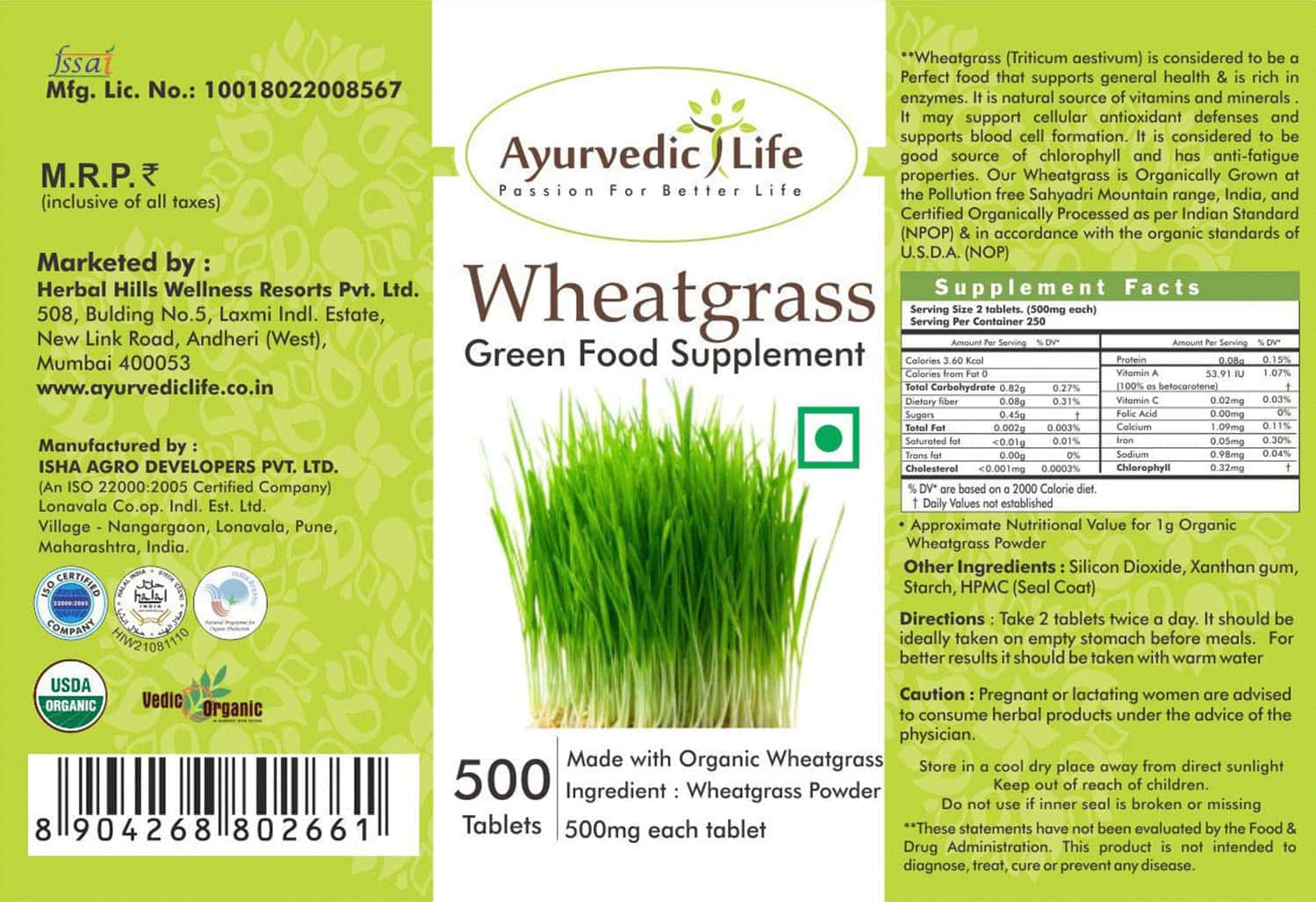 Buy AYURVEDIC LIFE WHEATGRASS TABLETS 500 COUNT VALUE PACK OF 2 GREEN ...