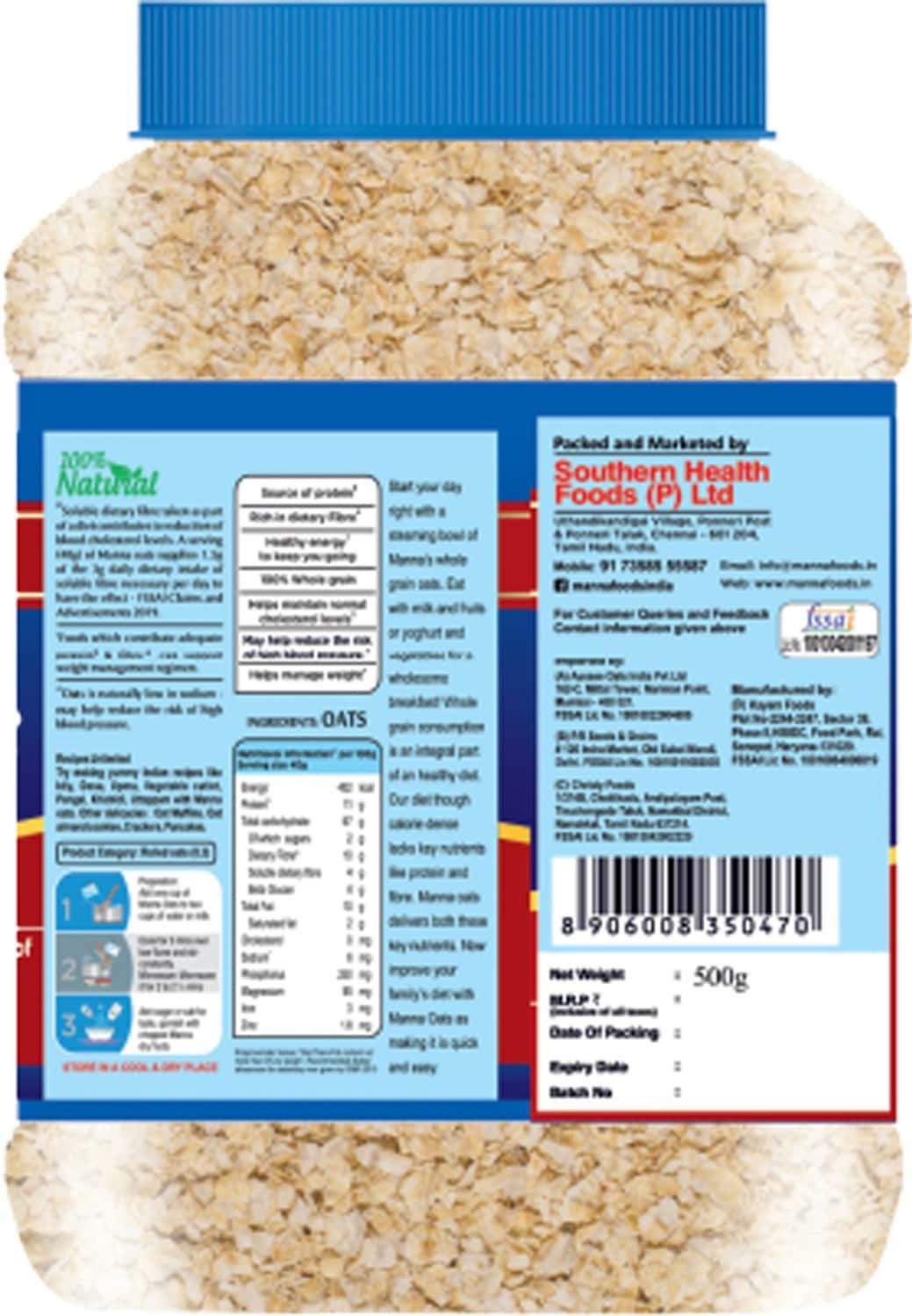 Buy MANNA OATS - JAR 500G| STEEL CUT ROLLED OATS -RICH IN FIBRE ...