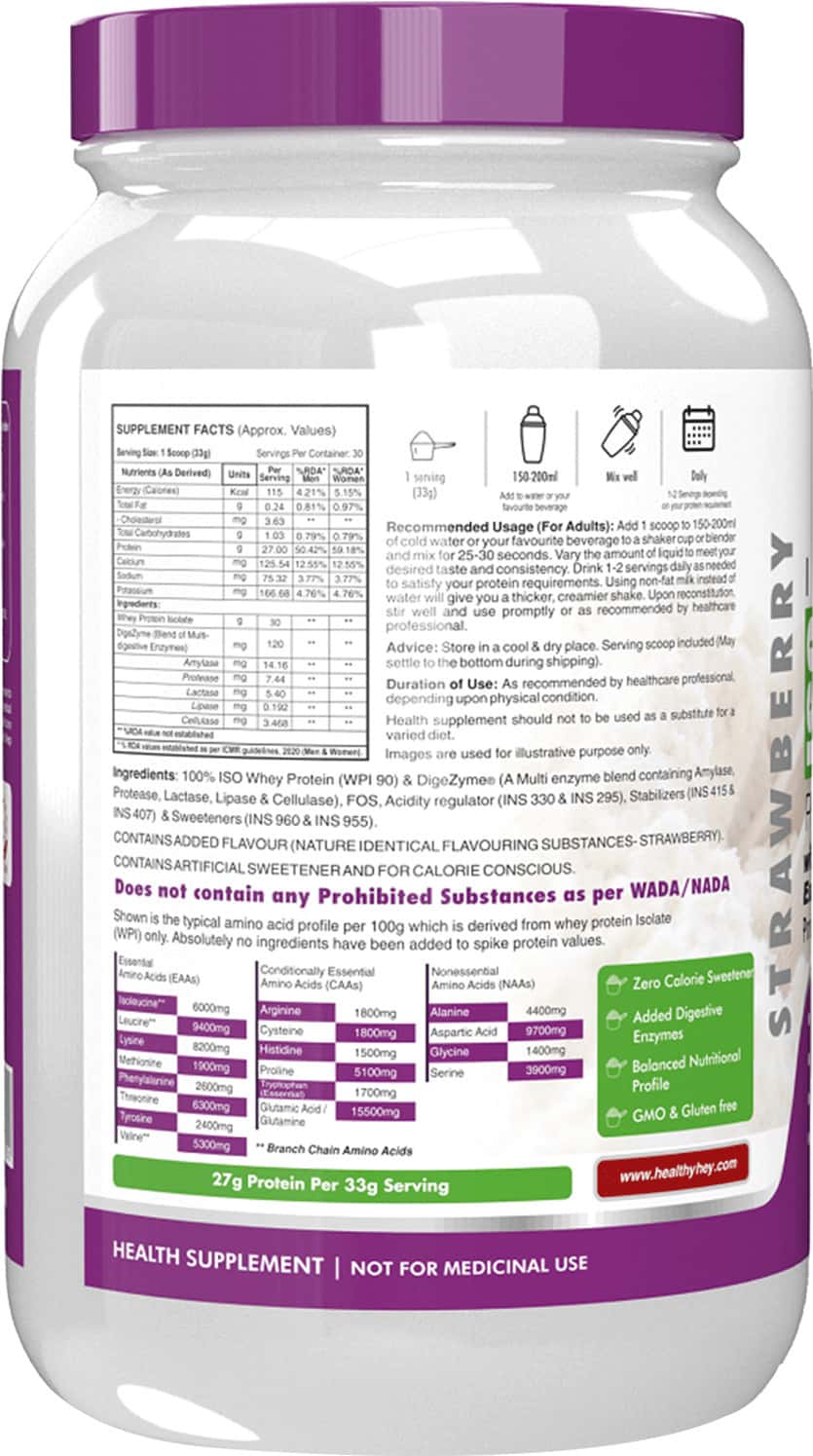 Buy HEALTHYHEY SPORTS ISO REAL 90% WHEY PROTEIN STRAWBERRY FLAVOURED - 1 KG Online & Get Upto 60 ...