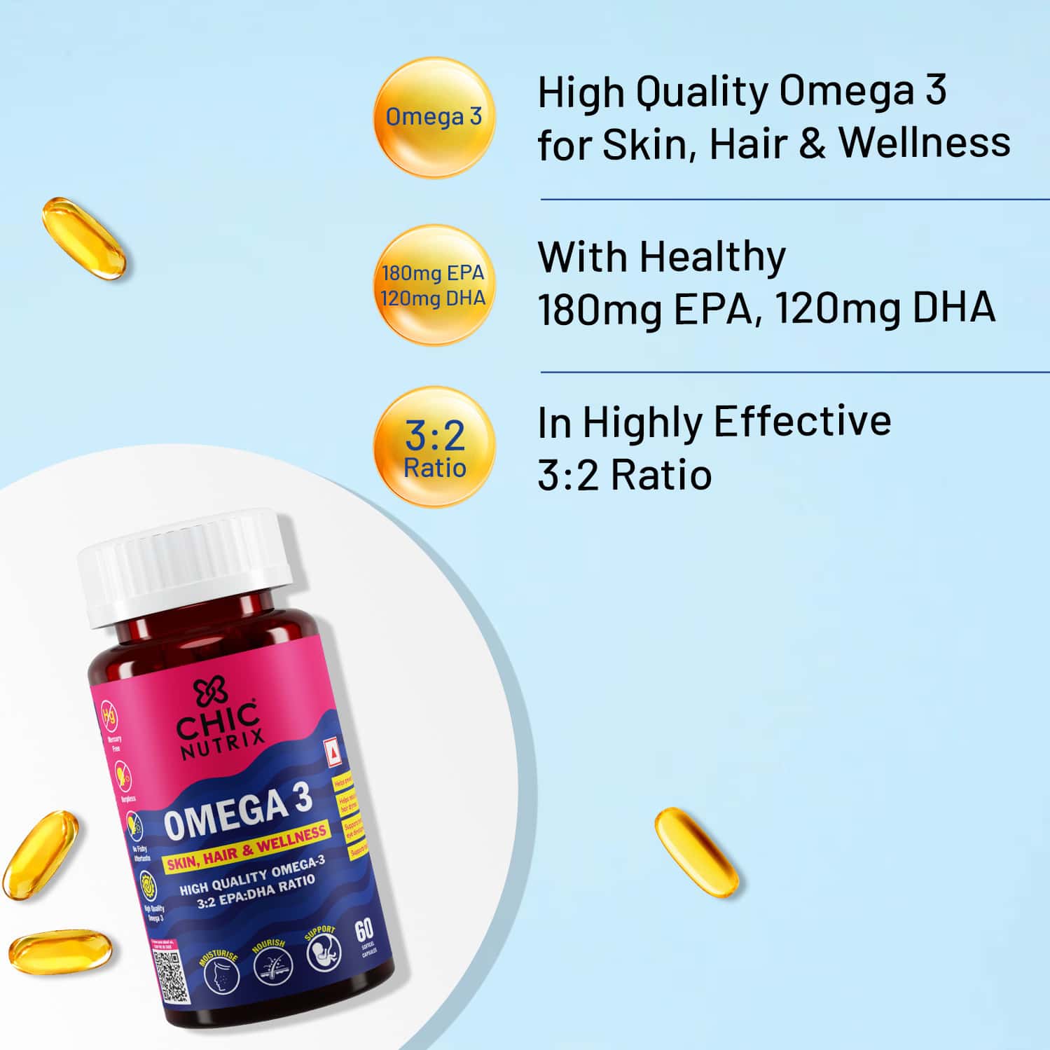 Buy CHICNUTRIX OMEGA 3 - SKIN HAIR & WELLNESS - 60 SOFTGEL CAPSULES ...