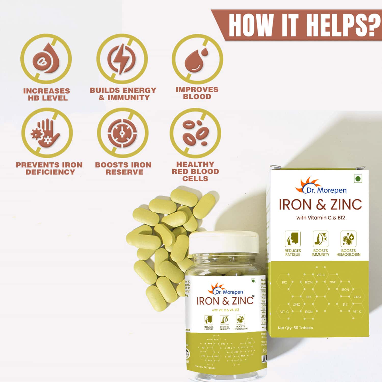 Buy DR. MOREPEN IRON & ZINC TABLETS WITH VITAMIN C & B12 HEMOGLOBIN ...