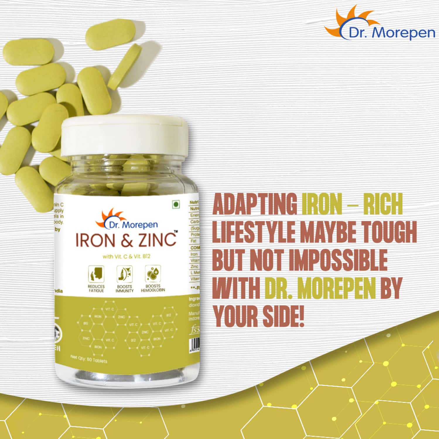 Buy DR. MOREPEN IRON & ZINC TABLETS WITH VITAMIN C & B12 HEMOGLOBIN ...