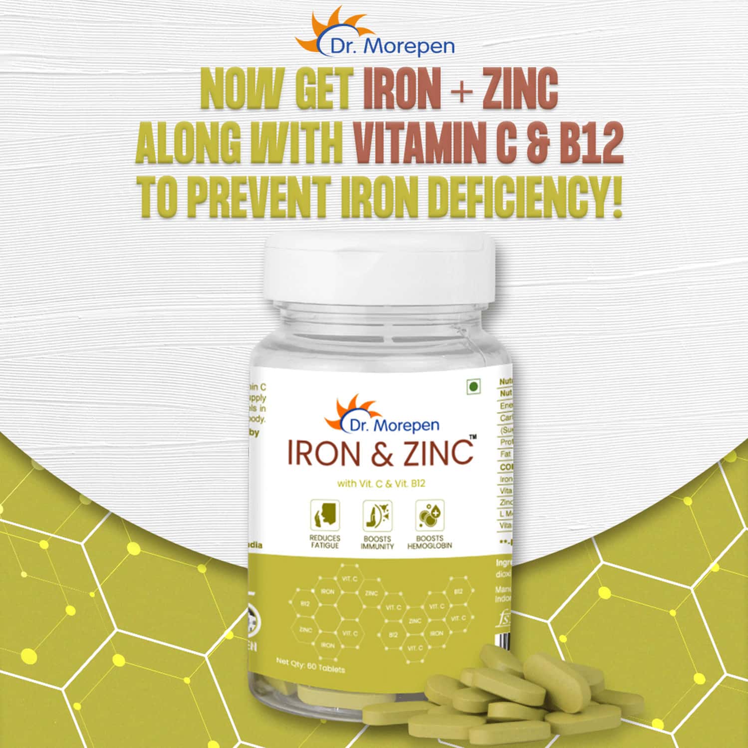 Buy DR. MOREPEN IRON & ZINC TABLETS WITH VITAMIN C & B12 HEMOGLOBIN ...