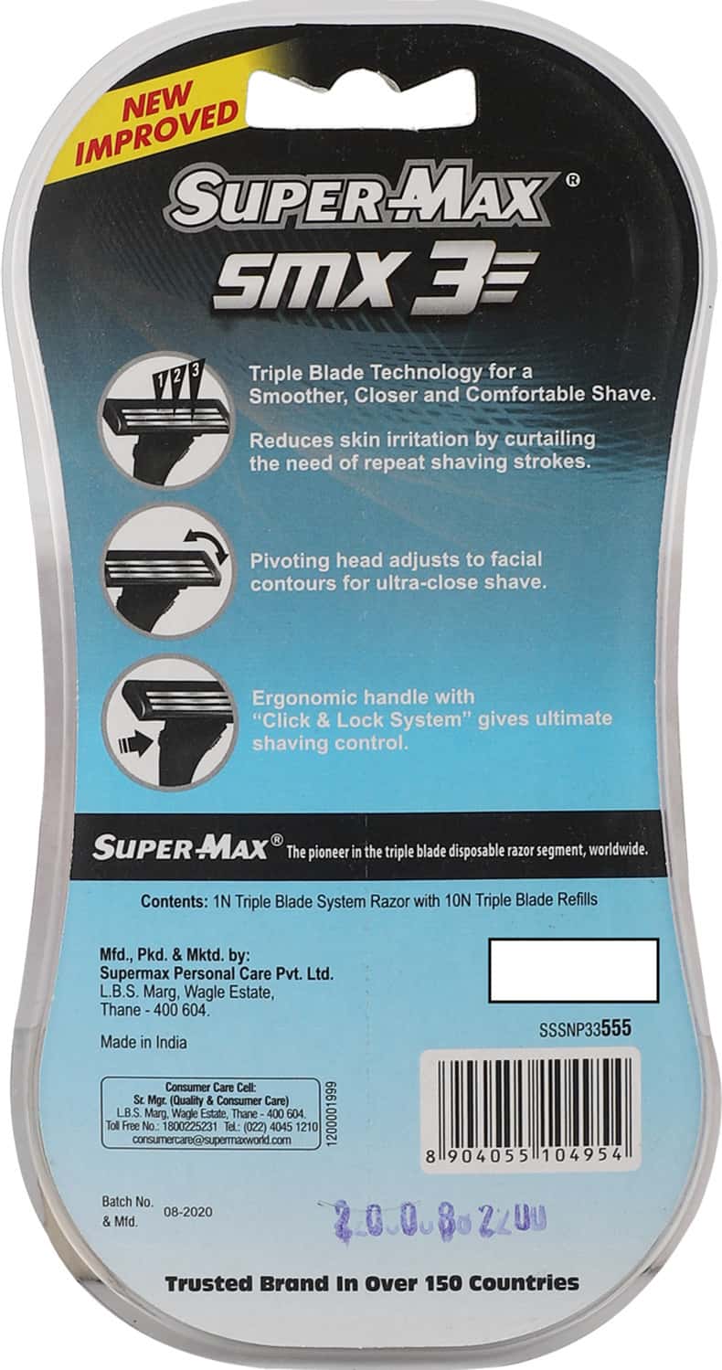 Buy SUPERMAX SMX3 - 3 BLADE SHAVING SYSTEM - 10 REFILLS WITH 1 RAZOR ...